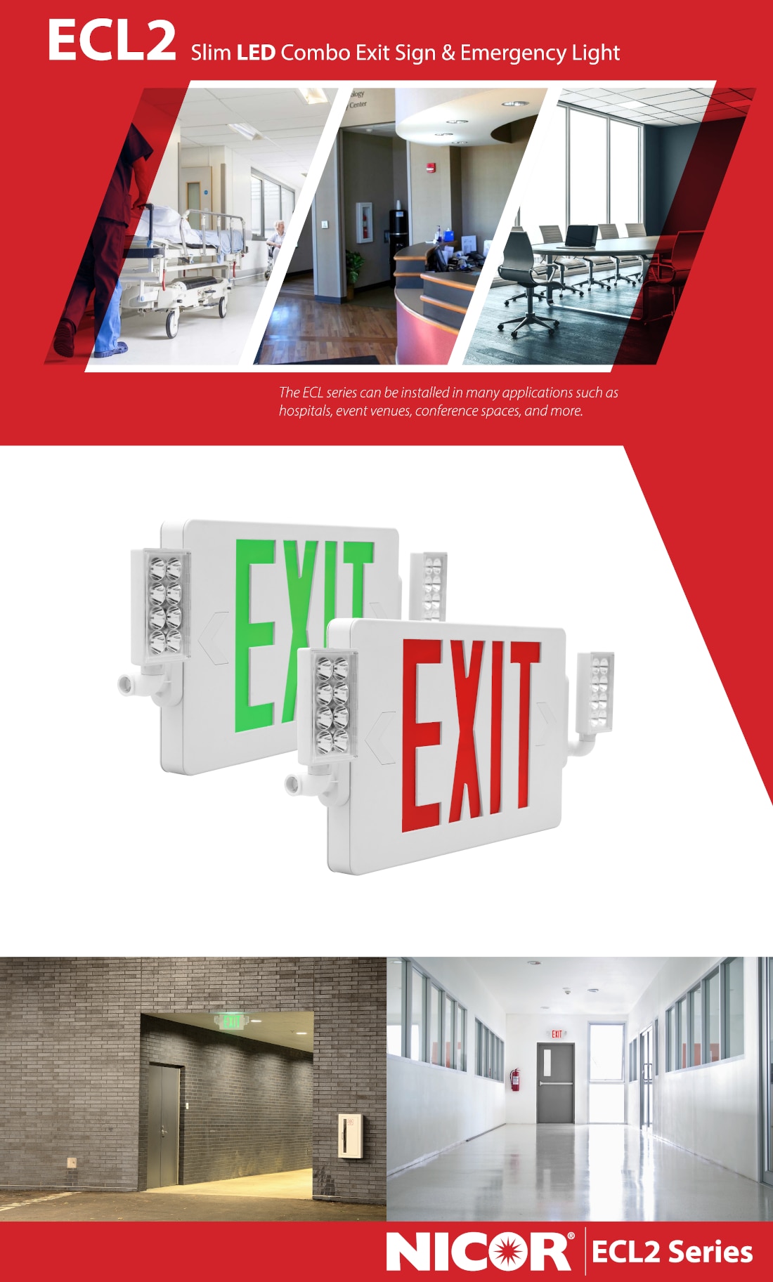 NICOR ECL2 Series Slim LED Emergency Exit Sign Combo, Green Lettering ...
