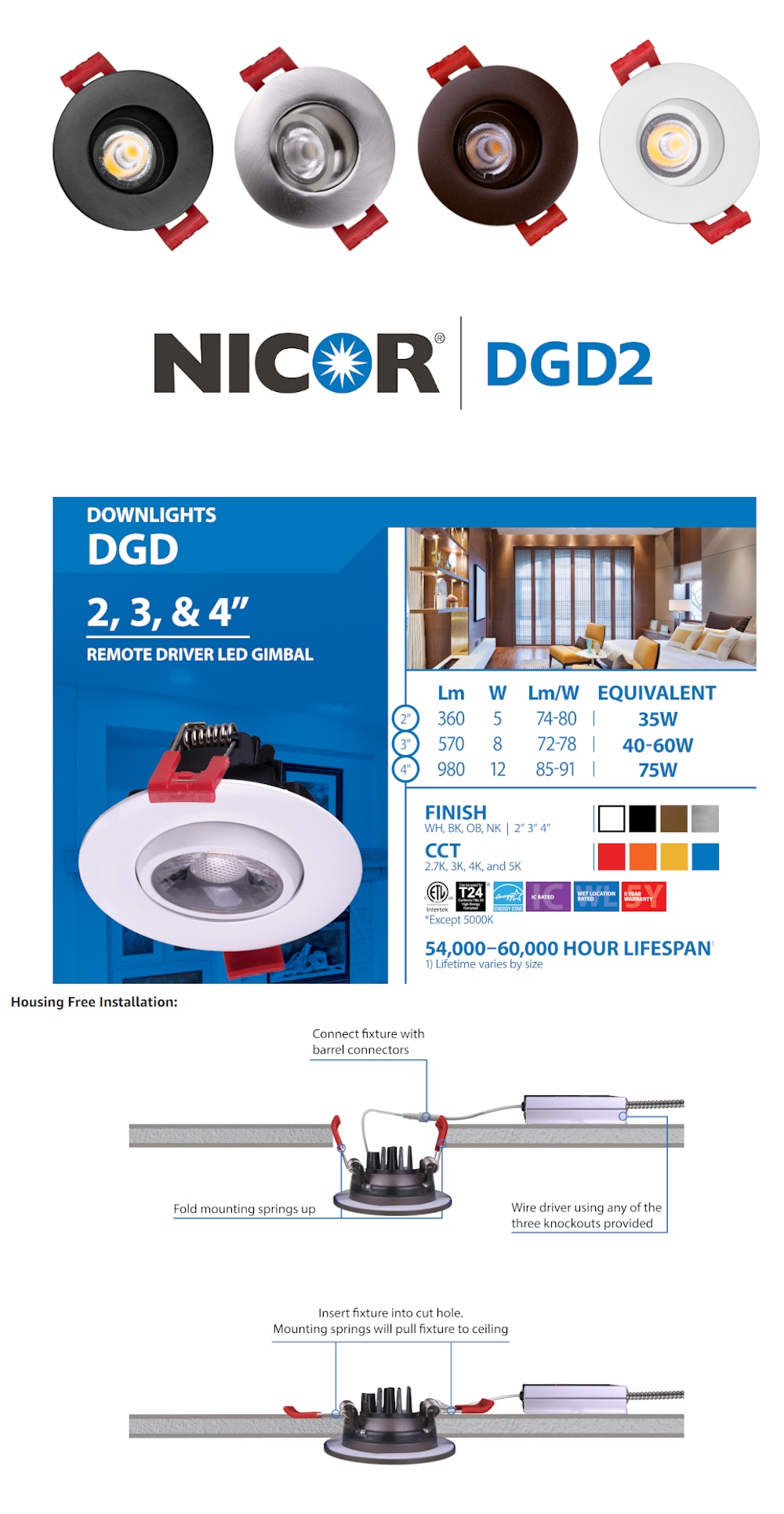 NICOR 2 in. White 2700K Remodel IC-Rated Recessed Integrated LED Gimbal ...
