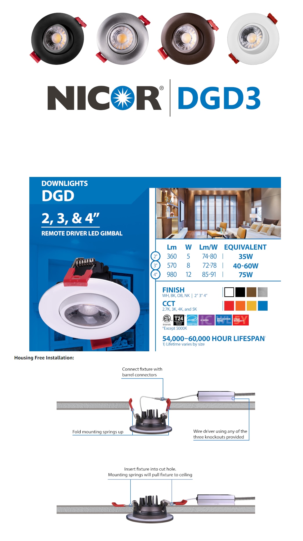 NICOR 3 in. Black 5000K Remodel IC-Rated Recessed Integrated LED Gimbal ...