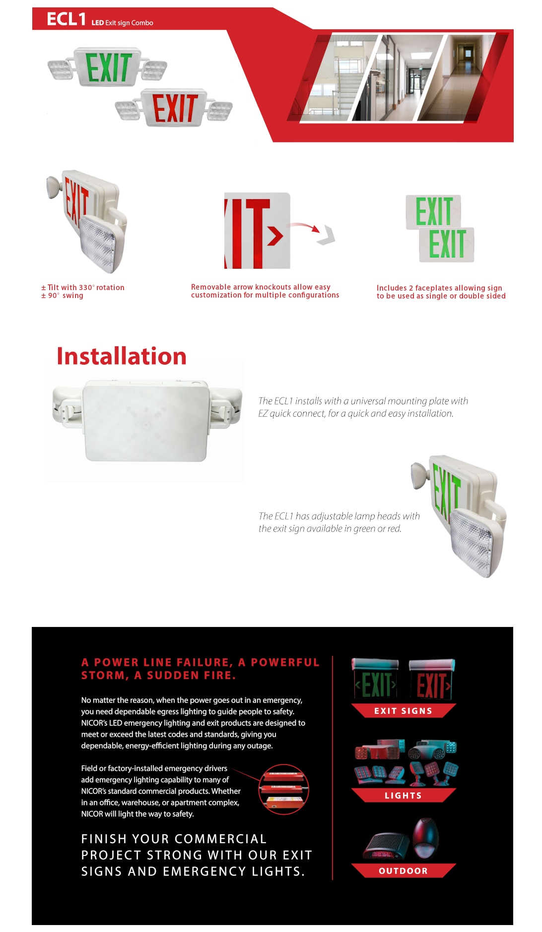 NICOR ECL1 Integrated LED White with Green Lettering Emergency Exit ...