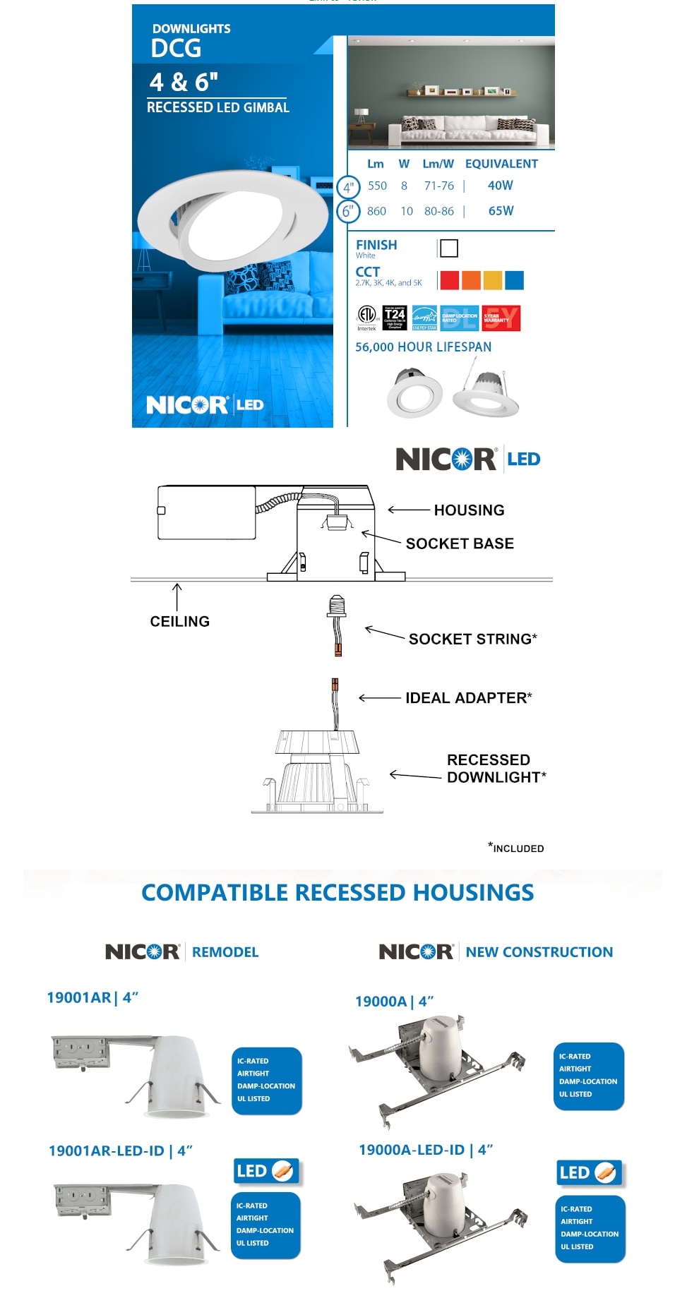 NICOR DCG Series 4 in. 2700K White Integrated LED Recessed Gimbal Trim ...