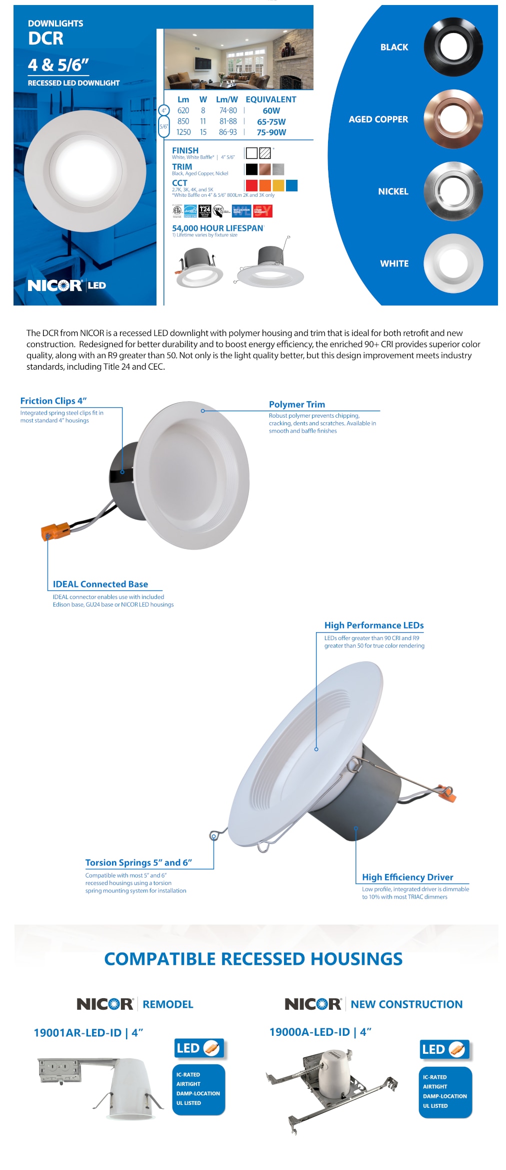 NICOR 5 in. and 6 in. Downlight White 800-Lumen Integrated LED Recessed ...
