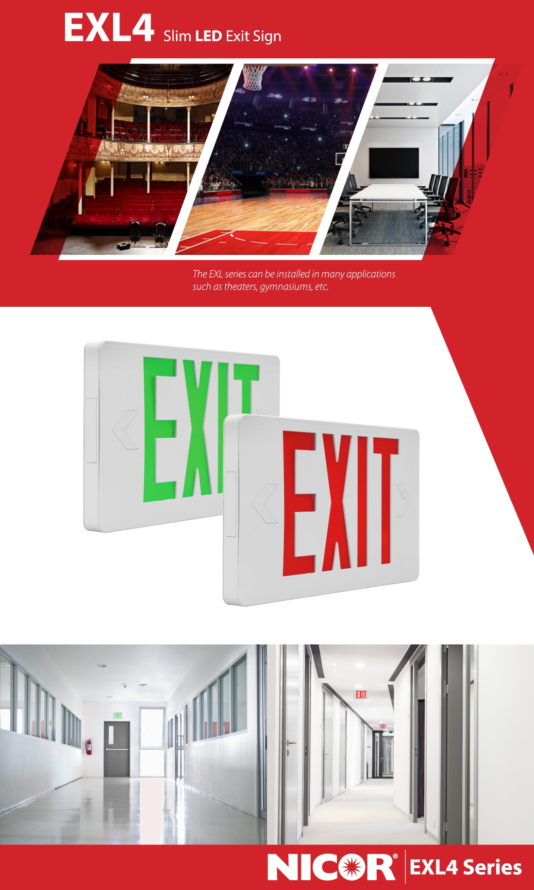 NICOR EXL4 Series Integrated LED White Emergency Exit Sign, Red ...