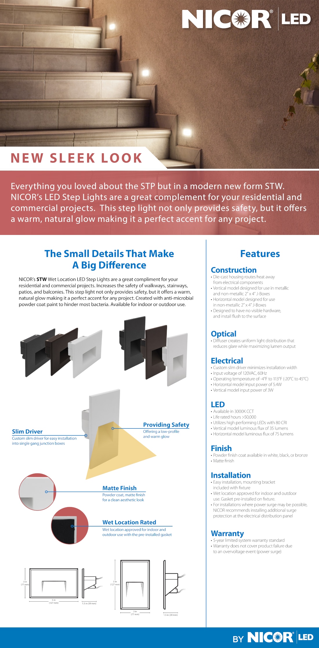 NICOR STW Horizontal Wet Location Hardwired White Integrated LED Step ...