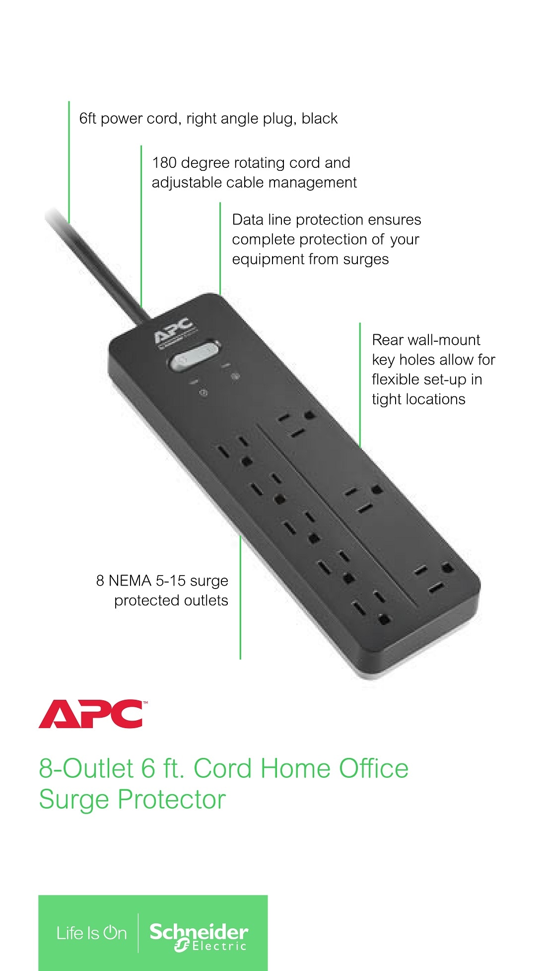 APC Black 6 ft. Surge Protector with 8 outlets PH8 - The Home Depot