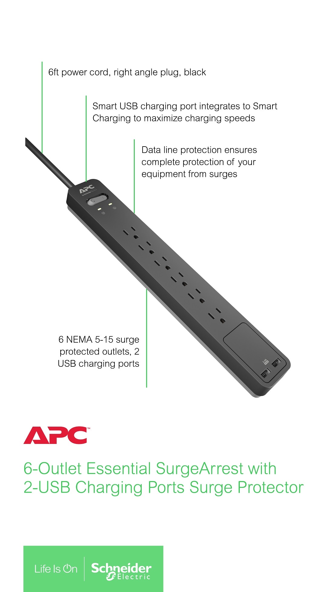APC 6-Outlet Essential SurgeArrest with 2-USB Charging Ports Surge ...