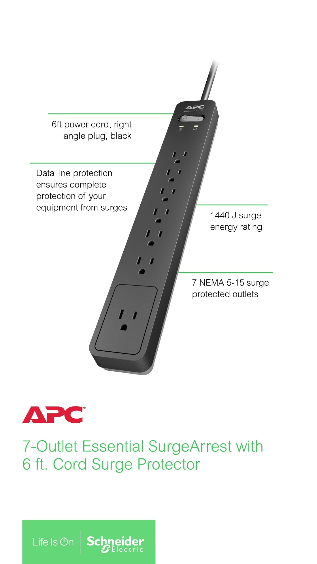 APC Black SurgeArrest 6 ft. Surge Protector with 7 outlets PE76 - The ...
