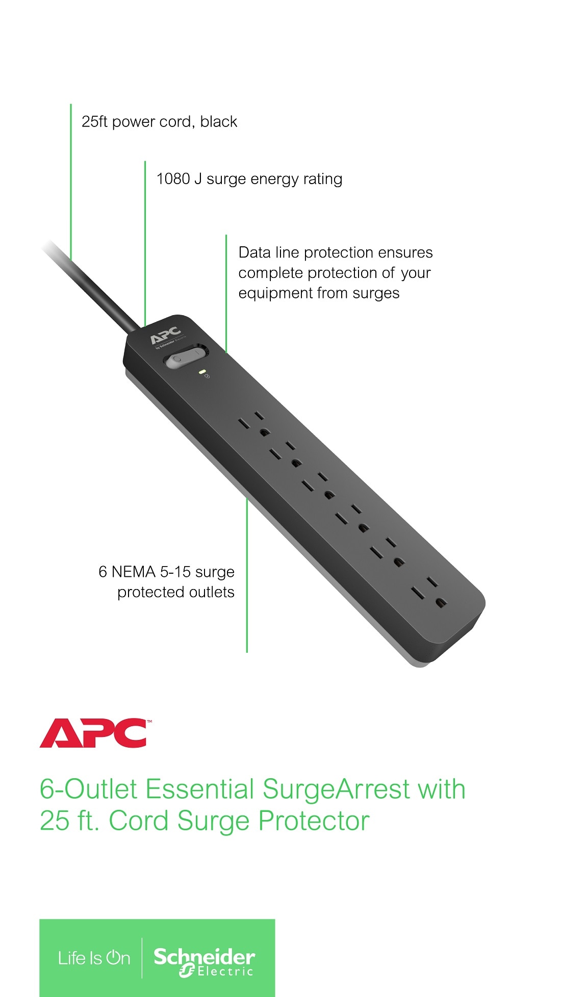 APC Black SurgeArrest 25 ft. Surge Protector with 6 outlets PE625 - The ...