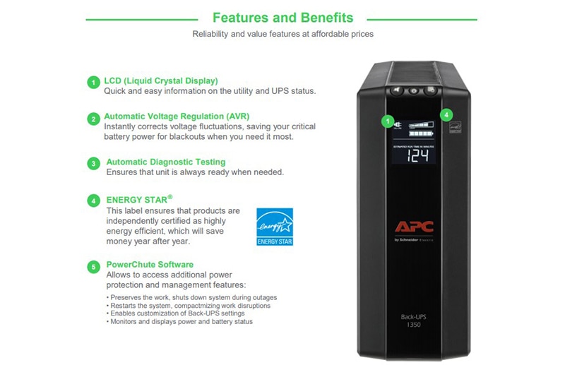 APC Back-UPS Pro 1350VA AVR/LCD Battery Backup/Surge Protector with 5 ...