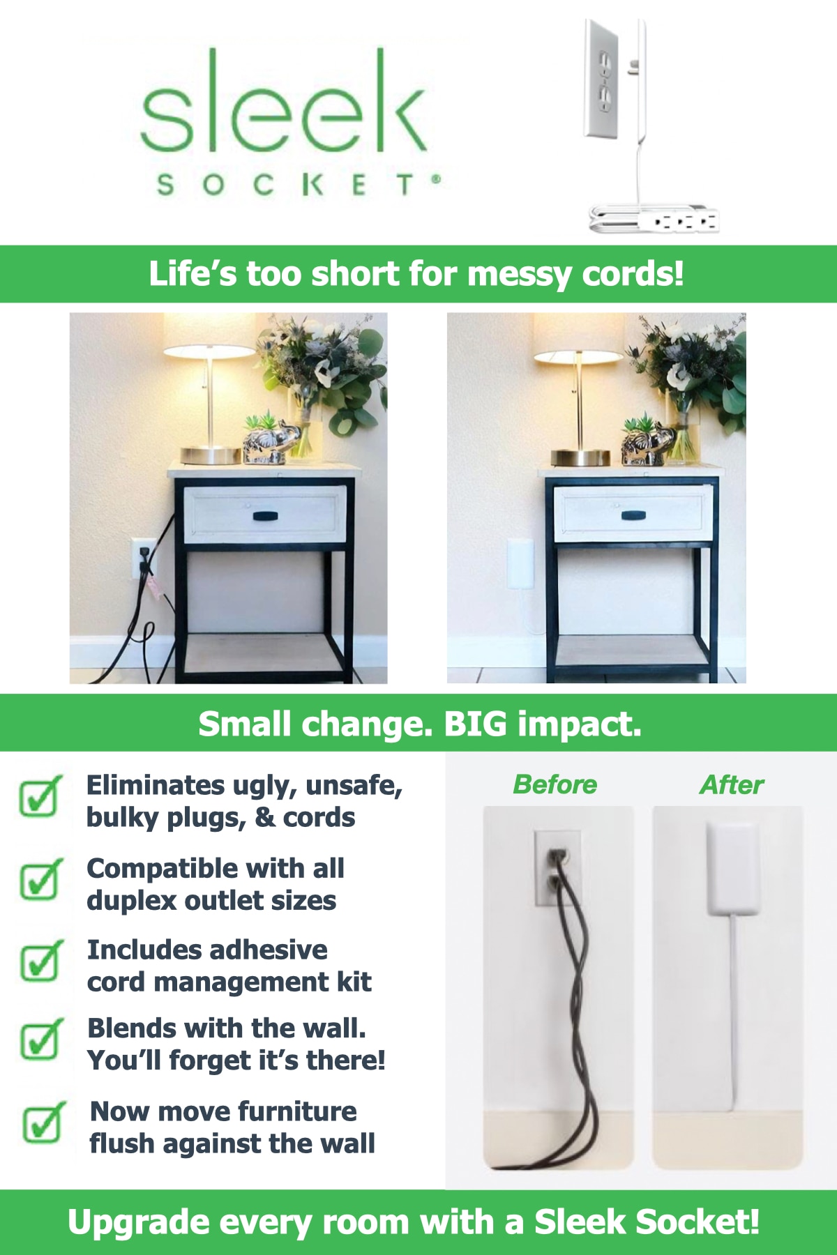 Sleek Socket Inverted 8 ft. 3-Outlet Cord and Plug Concealer with Cord ...