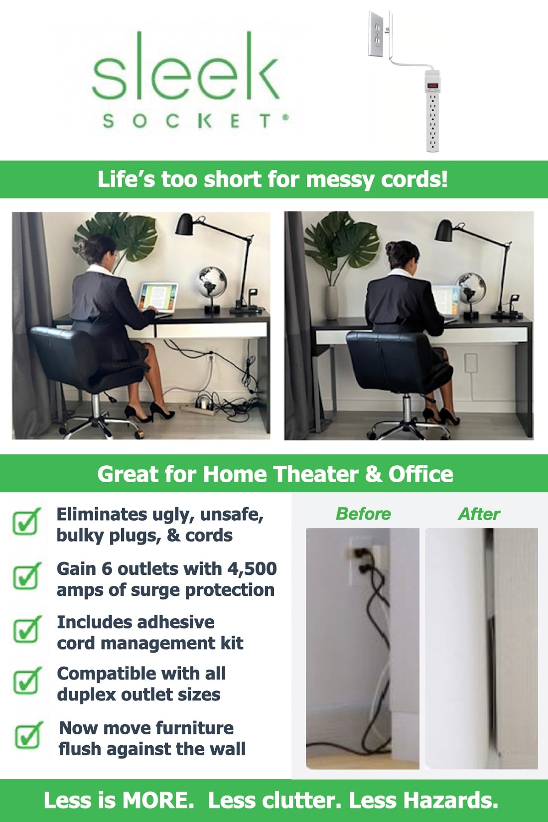 Sleek Socket 6 ft. 6-Outlet Surge Protector and Plug Concealer with ...