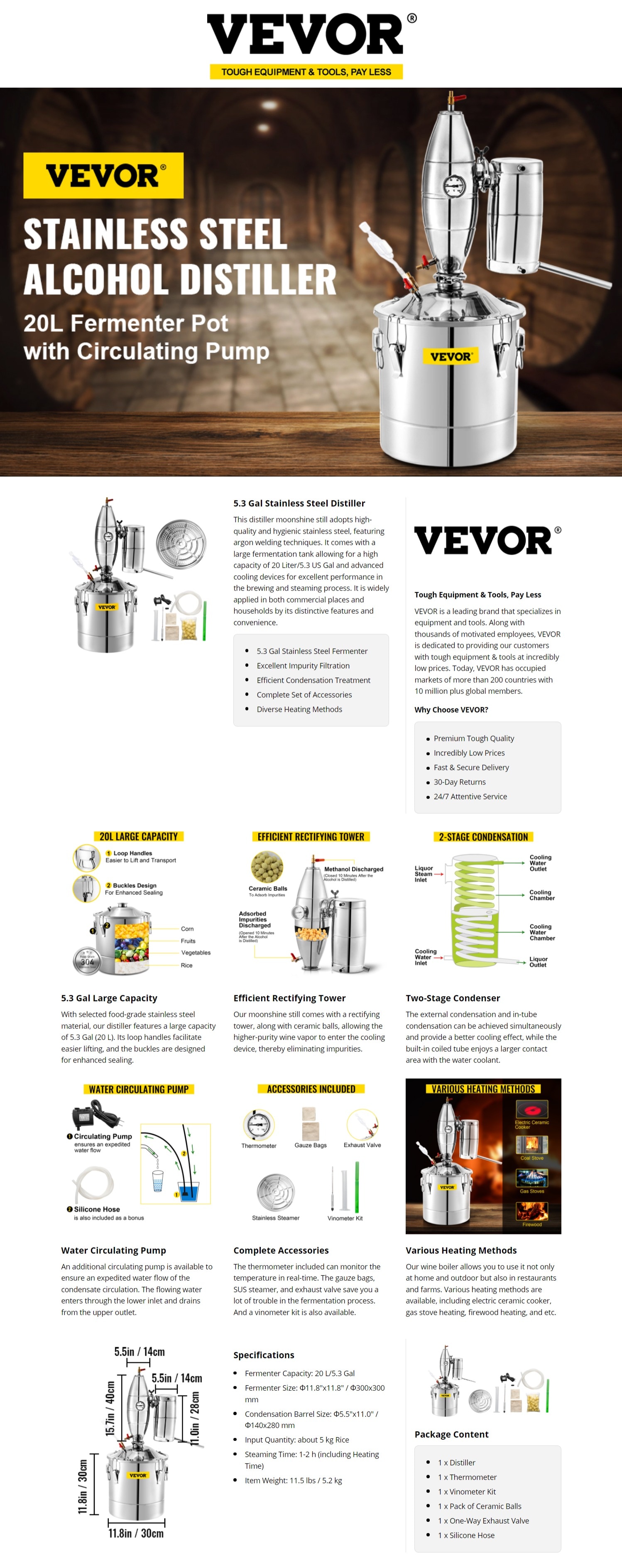 VEVOR 5.3 Gal. Water Alcohol Distiller 304 Stainless Steel Alcohol ...