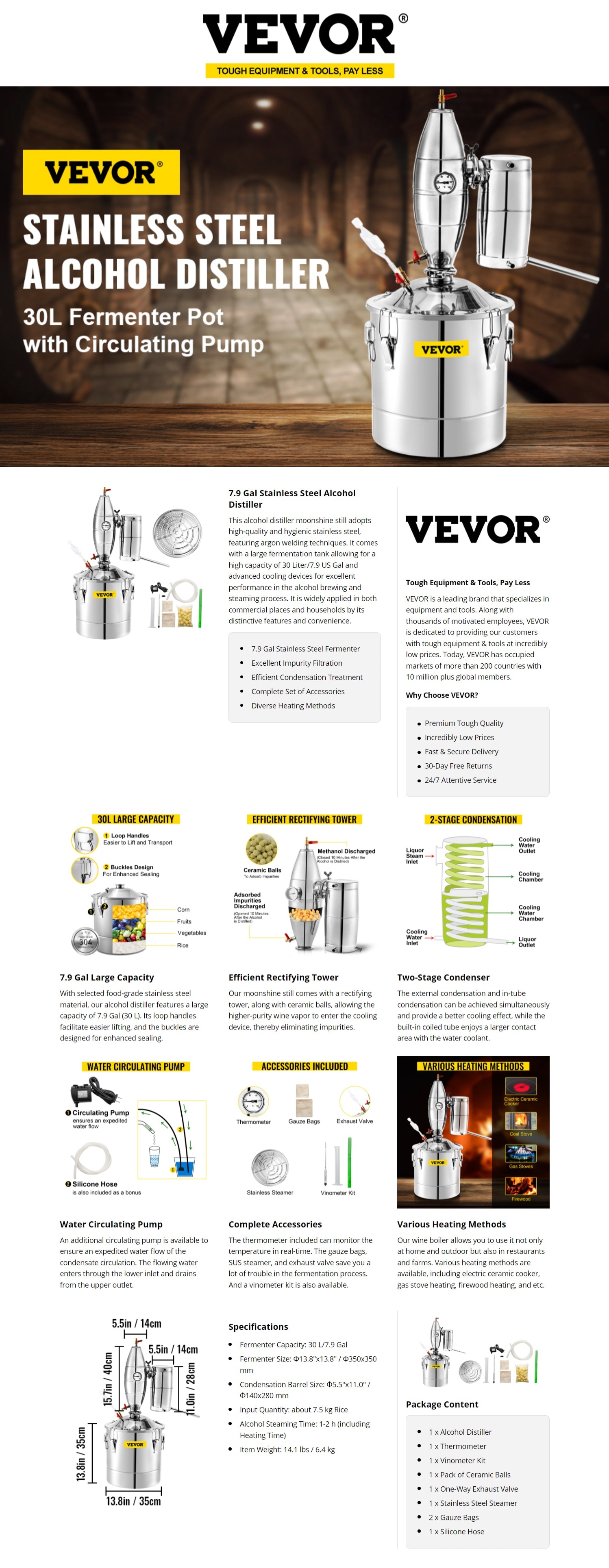 VEVOR 7.9 Gal. Water Alcohol Distiller Stainless Steel Whiskey ...
