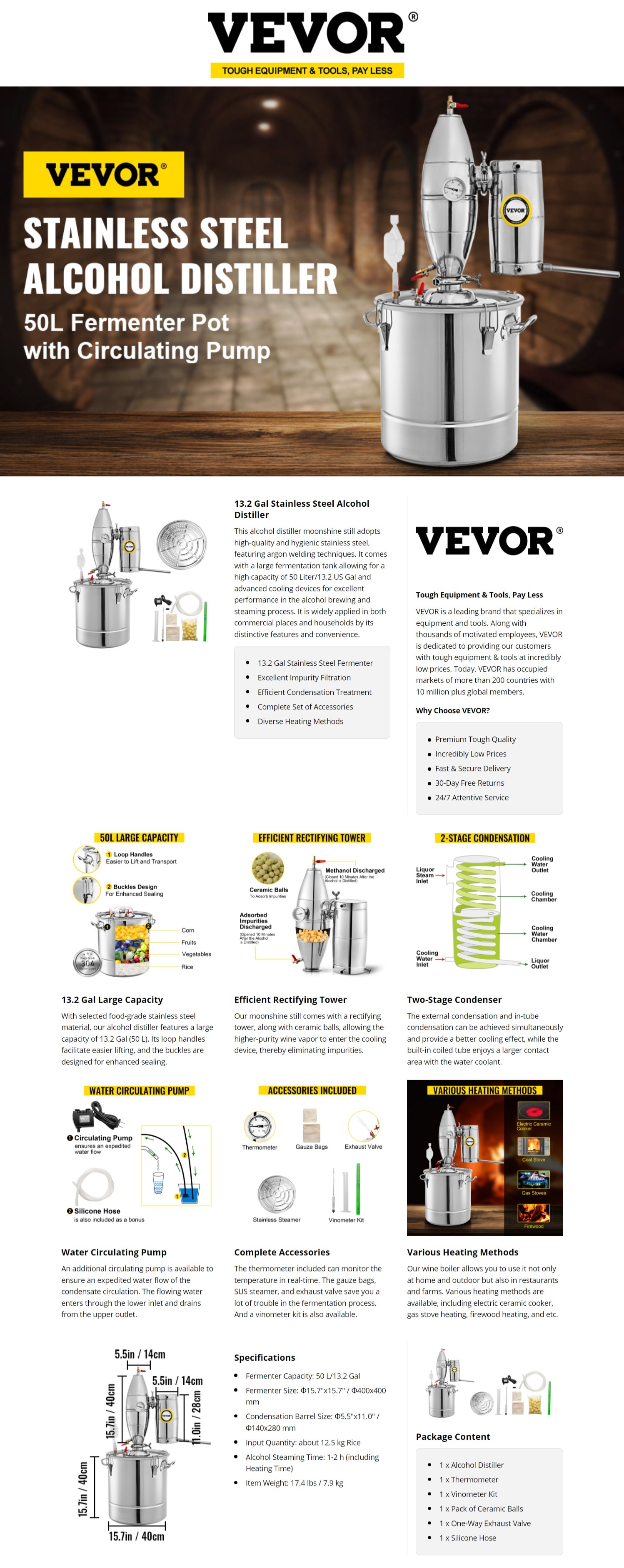 VEVOR 13.2 Gal. Water Alcohol Distiller Stainless Steel Wine Making ...