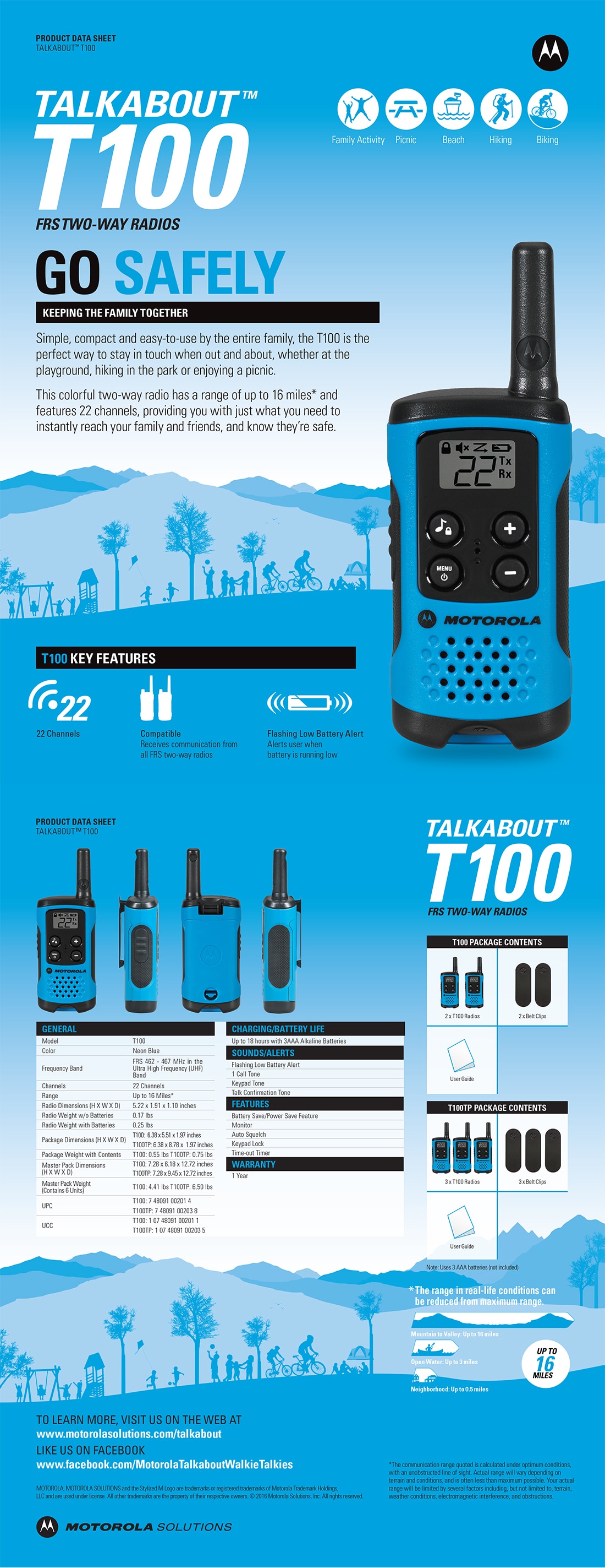 MOTOROLA Talkabout T100 Alkaline 2-Way Radio, Neon Blue (2-Pack) T100 ...