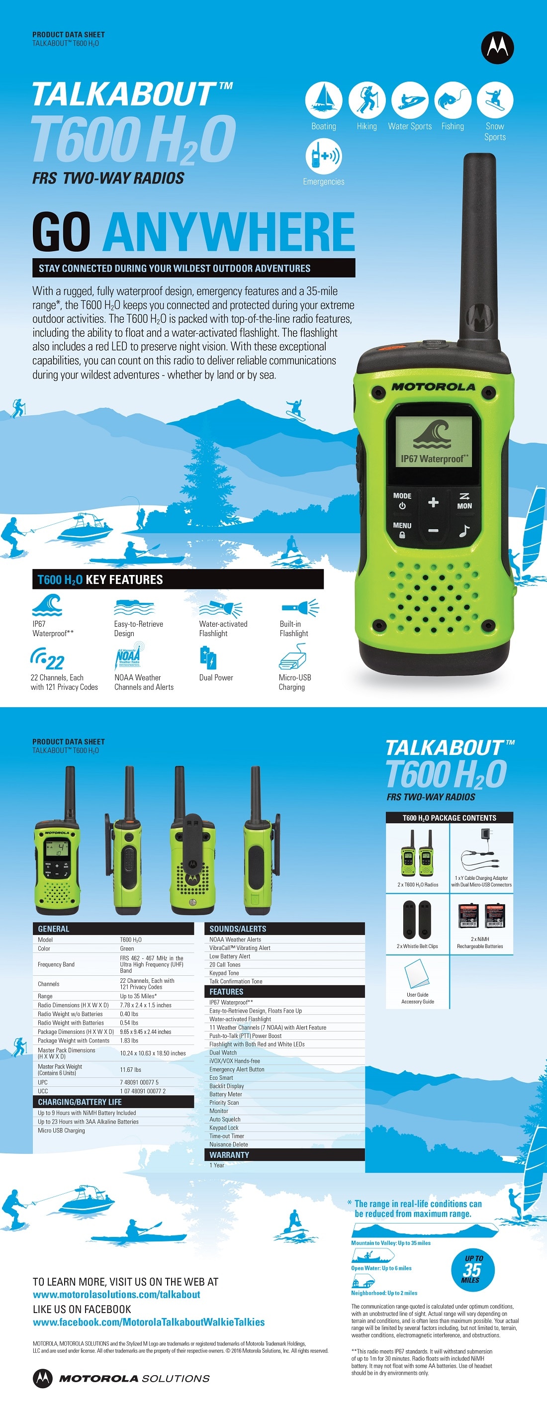 MOTOROLA Talkabout T605 Rechargeable Waterproof 2-Way Radio with Carry ...