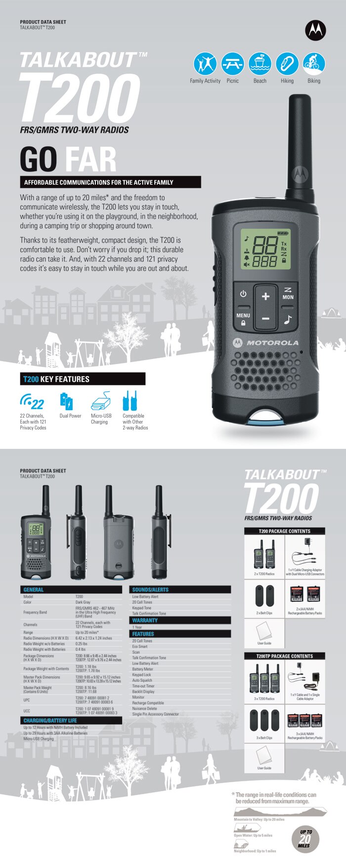 MOTOROLA Talkabout T200TP Rechargeable 2-Way Radio, Gray (3-Pack ...