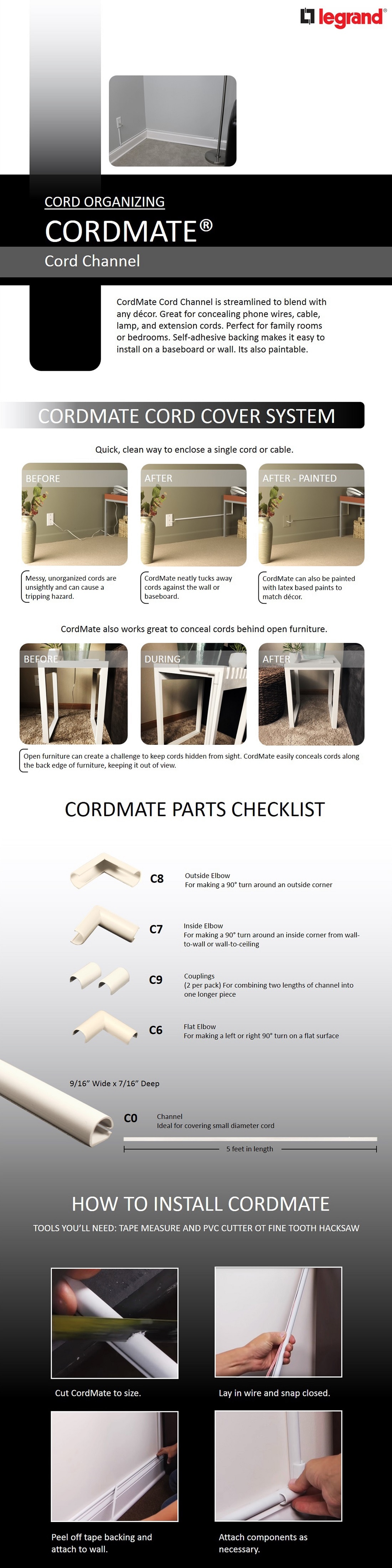 Legrand Wiremold CordMate Cord Cover 5 ft. Channel, Cord Hider for Home ...