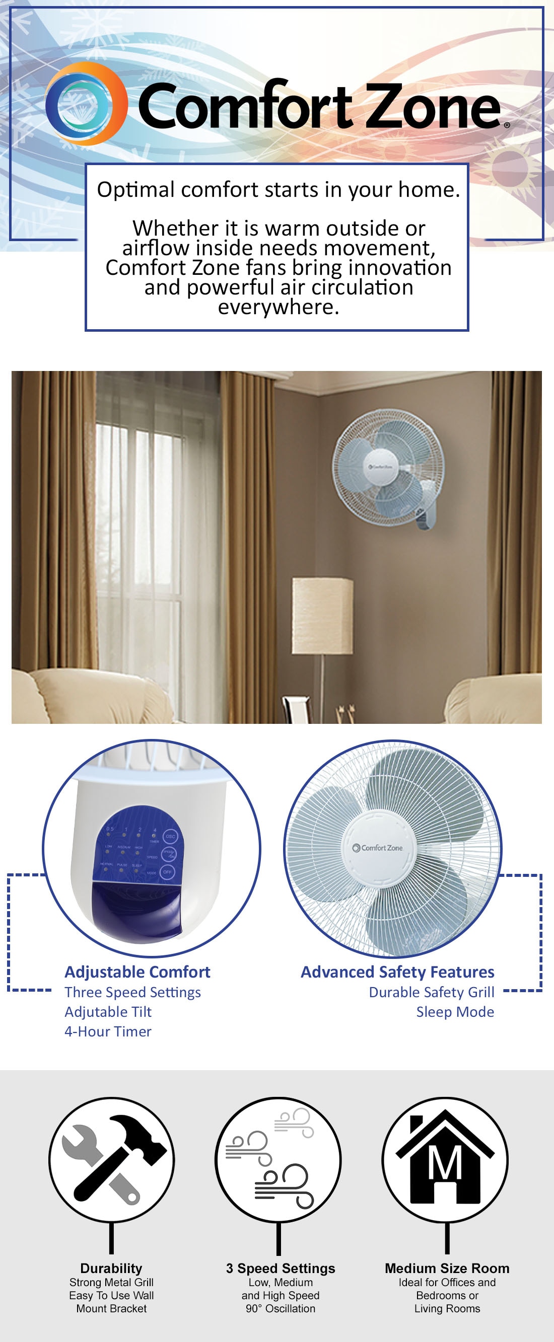 Comfort Zone 16 in. Quiet 3-Speed Wall Mount Fan with Remote Control ...
