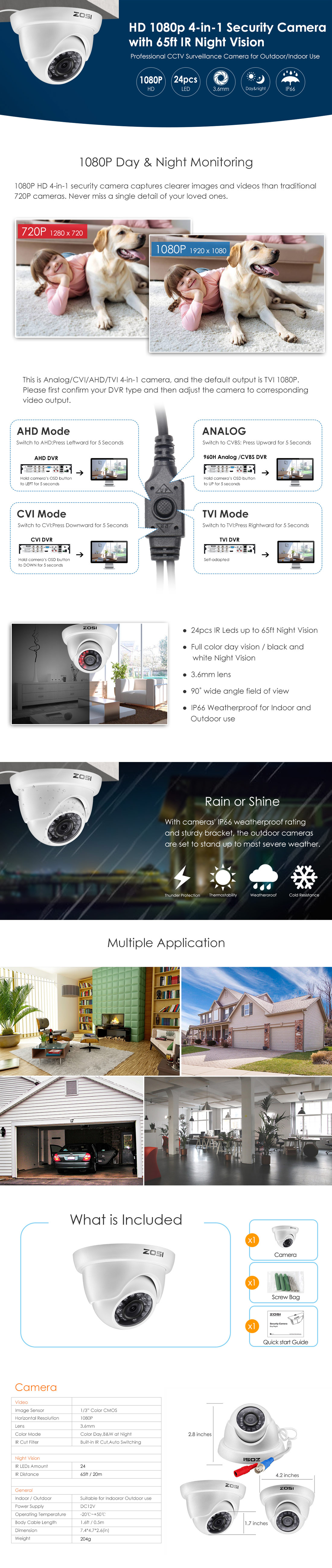 ZOSI Wired 1080p Outdoor Dome Security Camera 4-in-1 Compatible for TVI ...