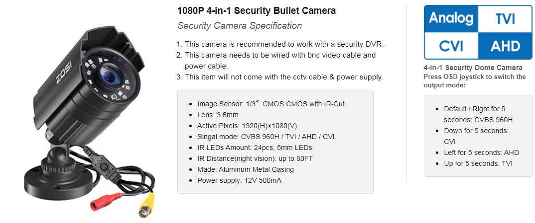 ZOSI Wired 1080p Outdoor Bullet Security Camera 4-in-1 Compatible for ...