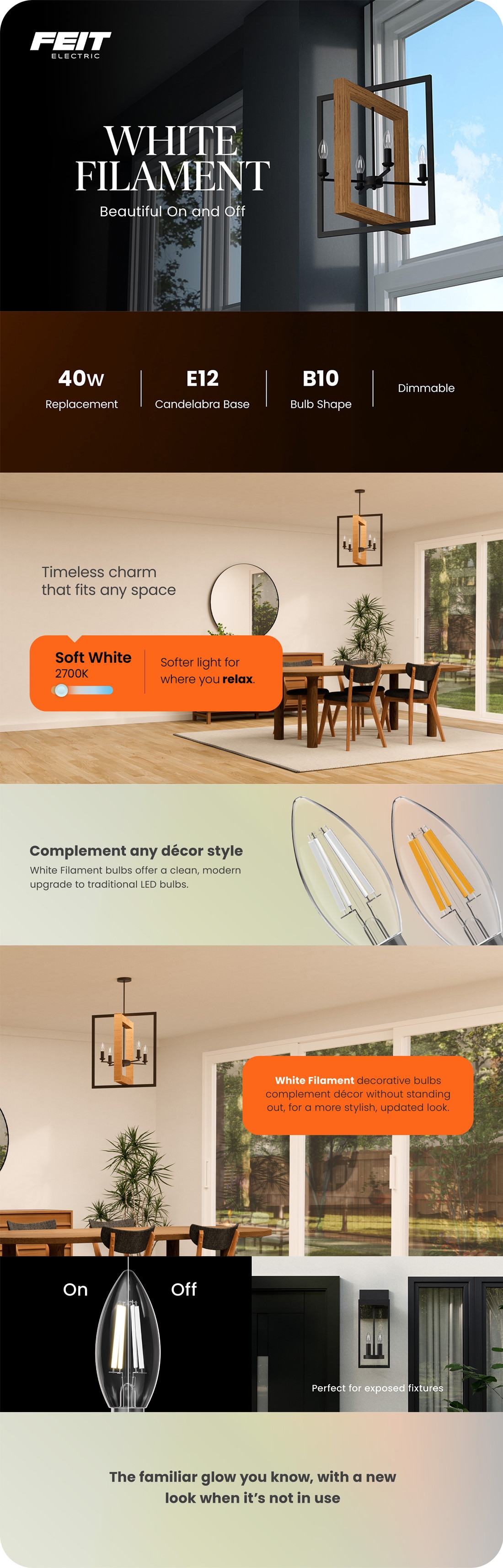 Feit Electric 40-Watt Equivalent B10 E12 Candelabra Dim White Filament ...