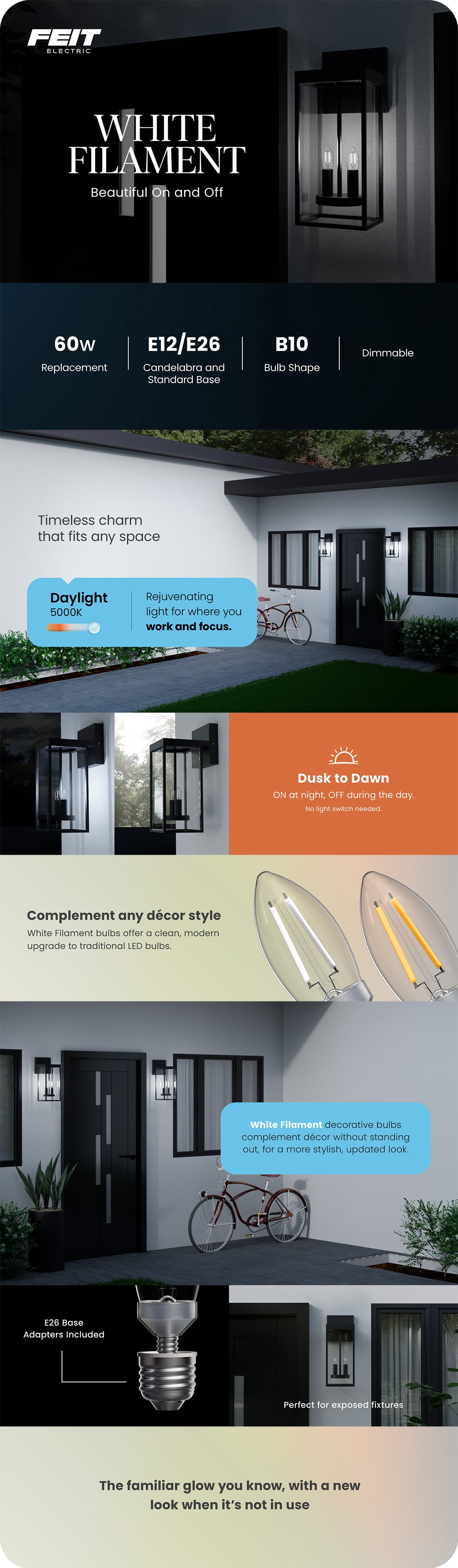 Feit Electric 60Watt Equivalent B10 E12/E26 Dusk to Dawn White Filament ...