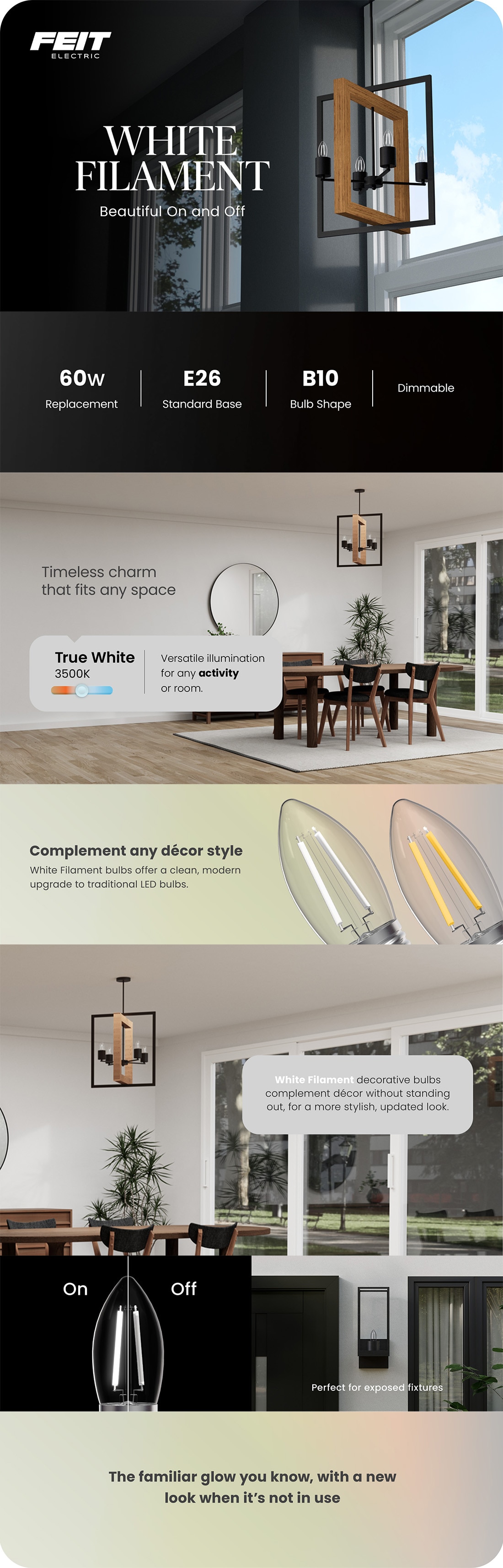 Feit Electric 60-Watt Equivalent B10 E26 Medium Dim White Filament ...