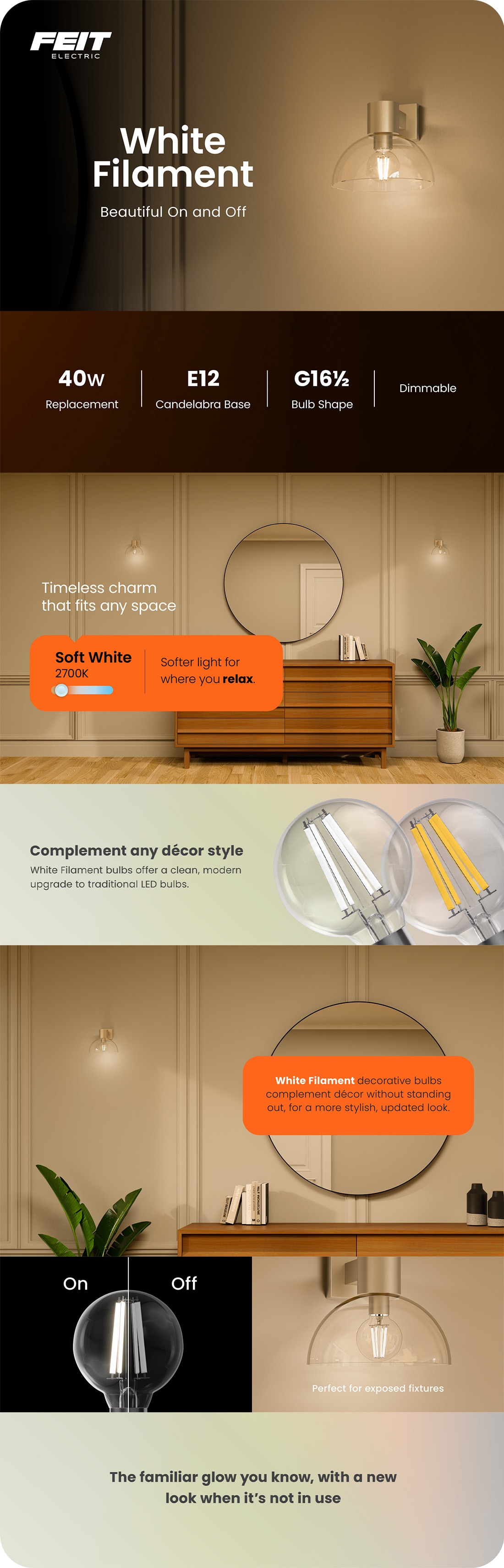 Feit Electric 40-Watt Equivalent G16.5 Globe Dimmable White Filament ...