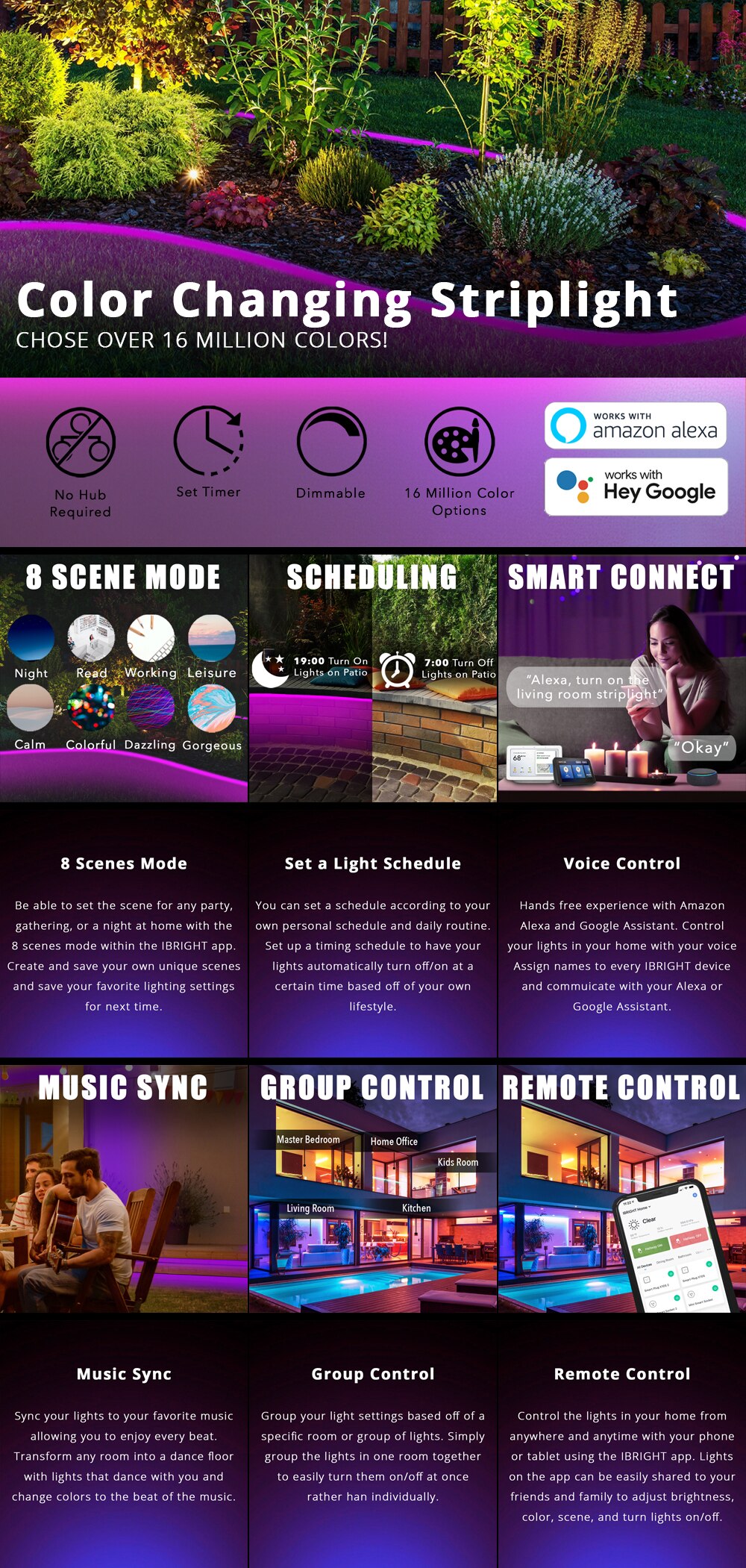 IBRIGHT:iBright Smart Outdoor/Indoor 16 ft. Plug-in Color Changing ...