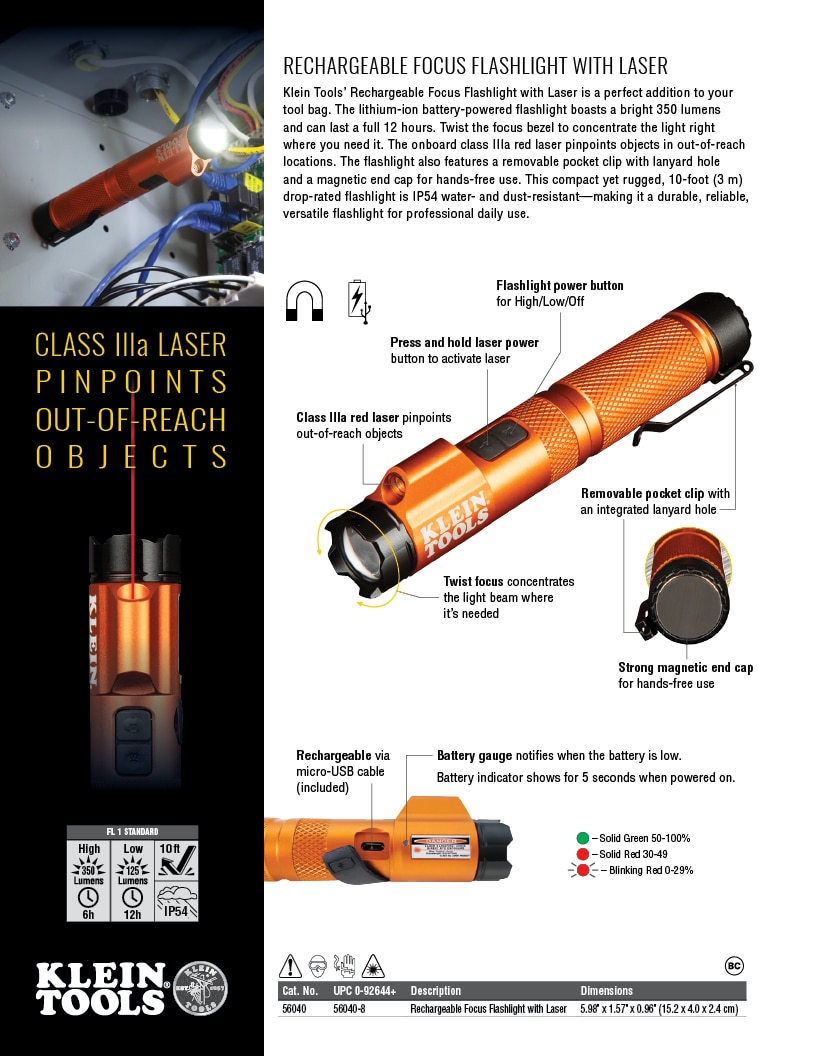 Klein Tools Rechargeable Focus Flashlight with Laser, 350 Lumens, 2 ...