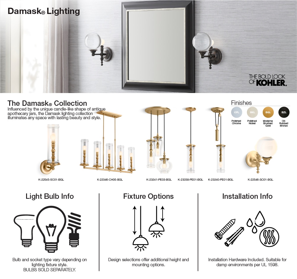 KOHLER Damask 1-Light Modern Brushed Gold Lacemaker Sconce K-22546-SC01 ...