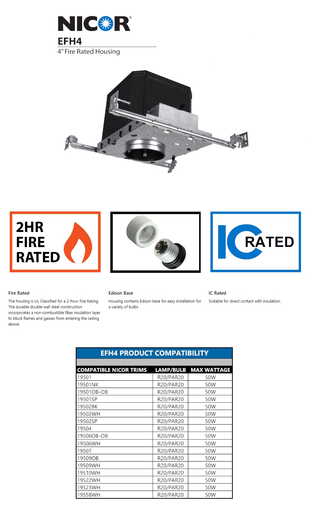 NICOR 4 in. Fire Rated New Construction Recessed Housing with Edison ...