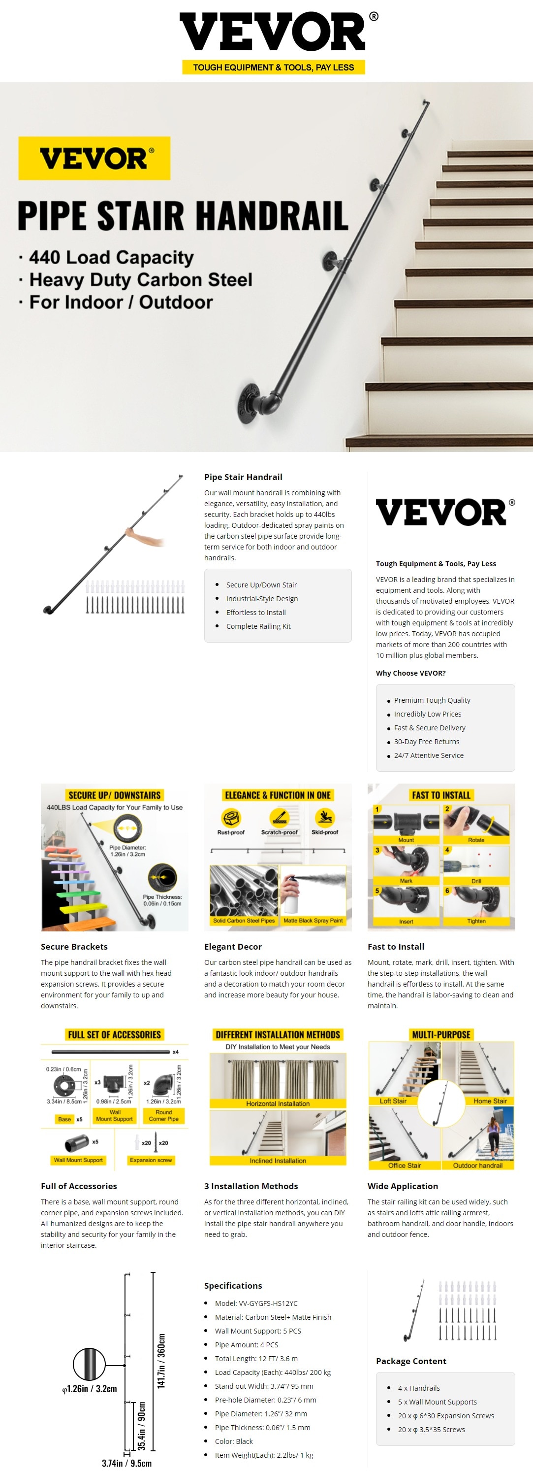 VEVOR 12 ft. Pipe Stair Handrail 440 lbs. Load Capacity Wall Mounted ...