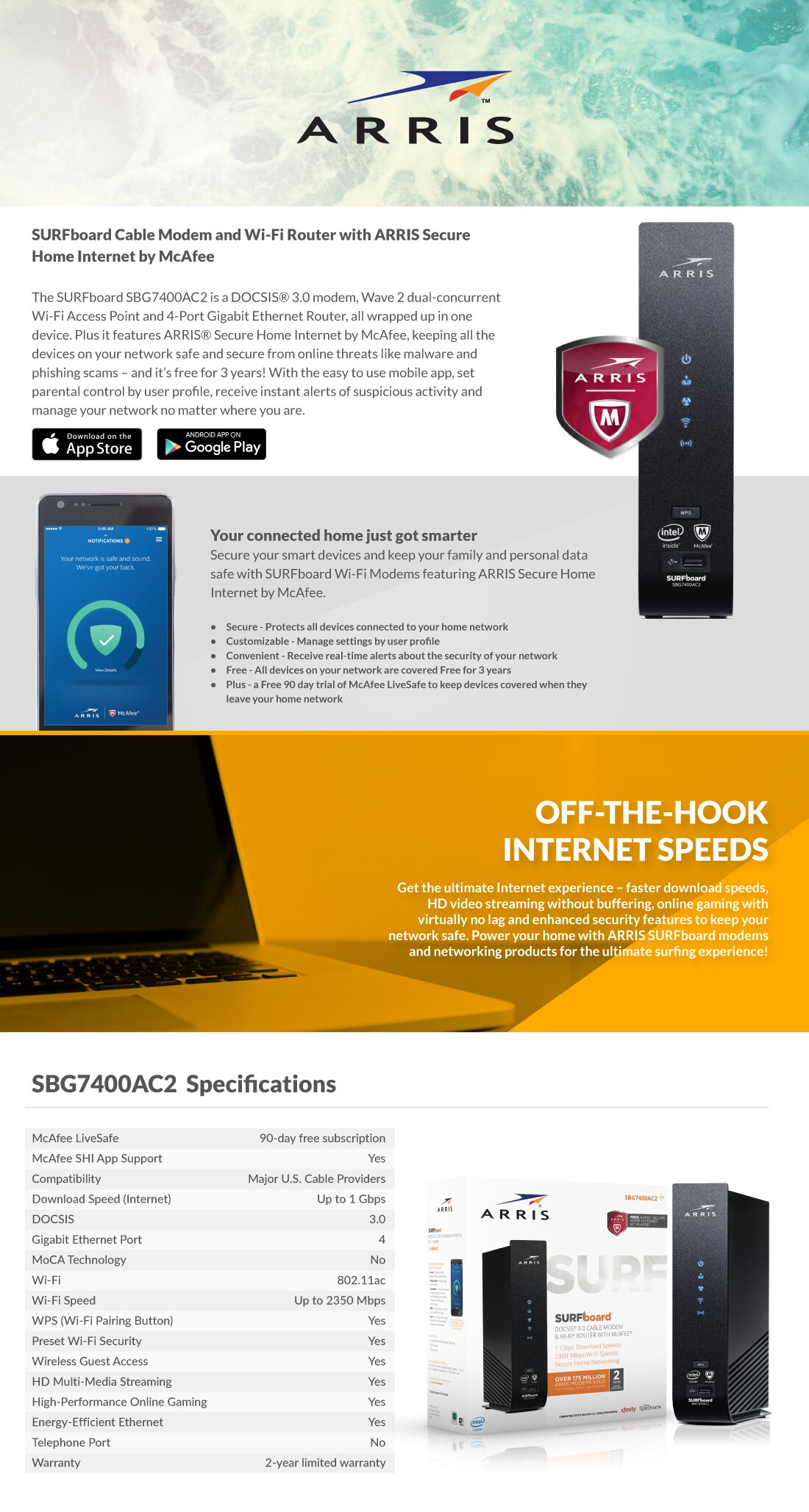 ARRIS SURFboard SBG7400AC2 Cable Modem and Wi-Fi Router with McAfee ...