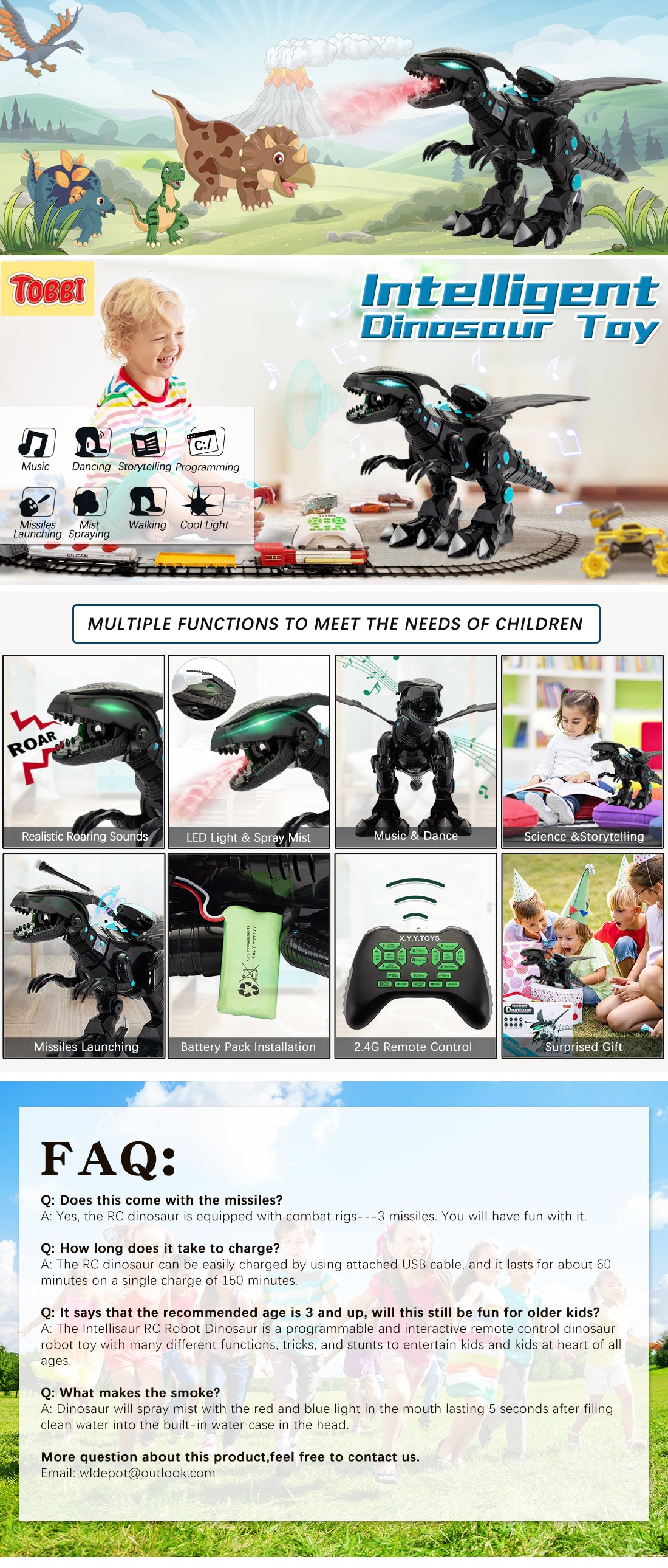 TOBBI RC Dinosaur Robot Smart Toy Gift for Kids with Singing Dancing ...