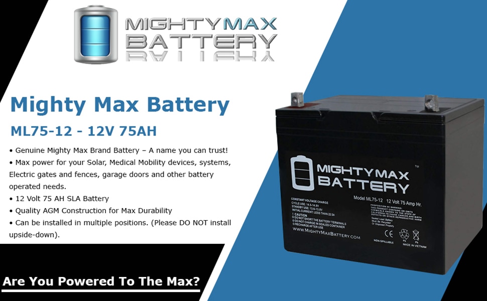 MIGHTY MAX BATTERY 12-Volt 75 Ah Rechargeable Sealed Lead Acid (SLA ...