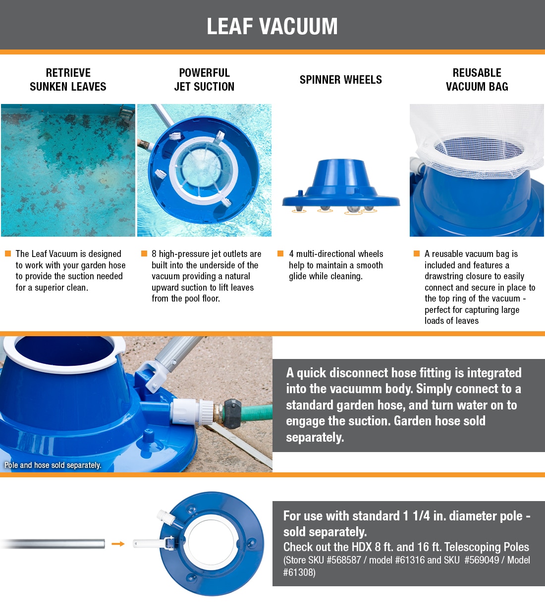 HDX Deluxe Swimming Pool Leaf Vacuum Head with Suction Jets and Leaf ...