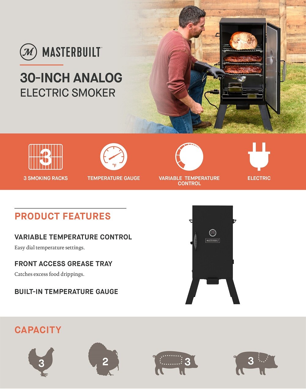 Masterbuilt 30 in. Analog Electric Smoker in Black with 3 Racks MB20070210