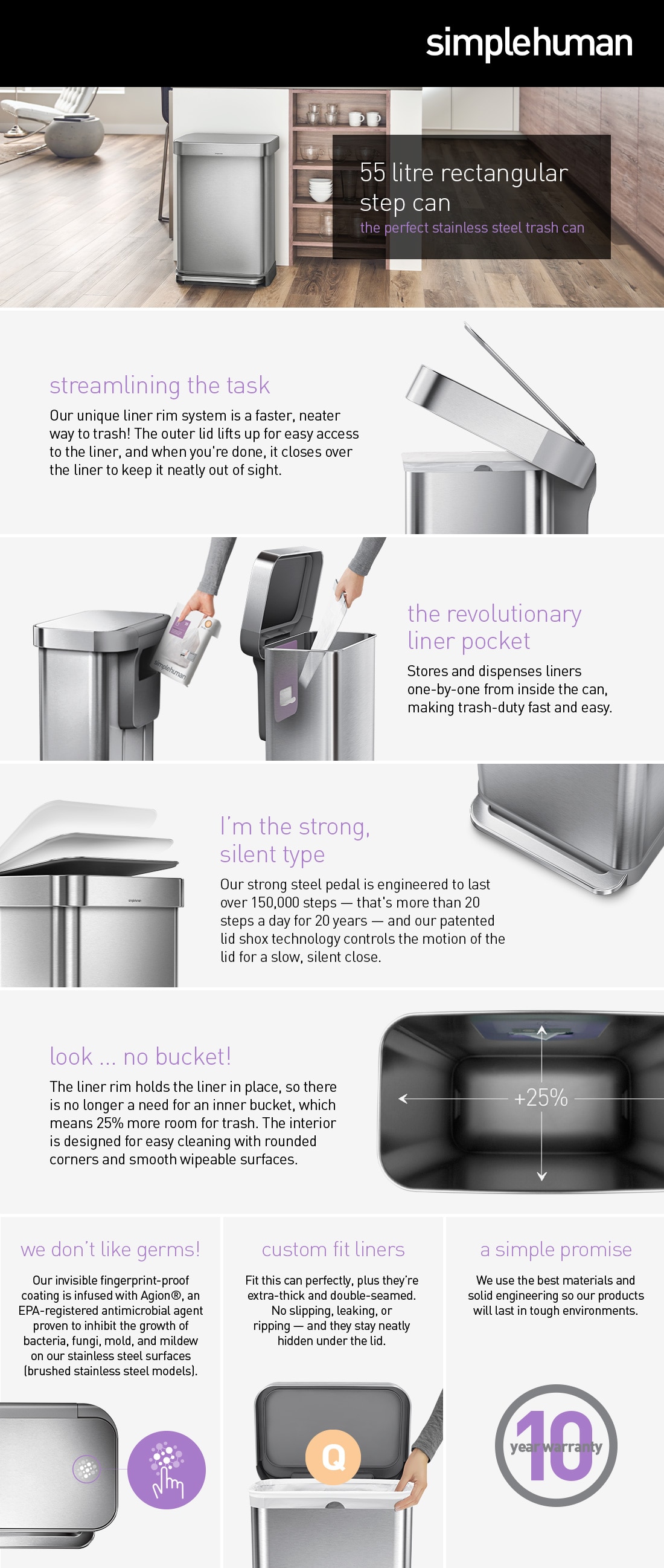 simplehuman 55L Rectangular Step Kitchen Trash Can with Liner Pocket ...