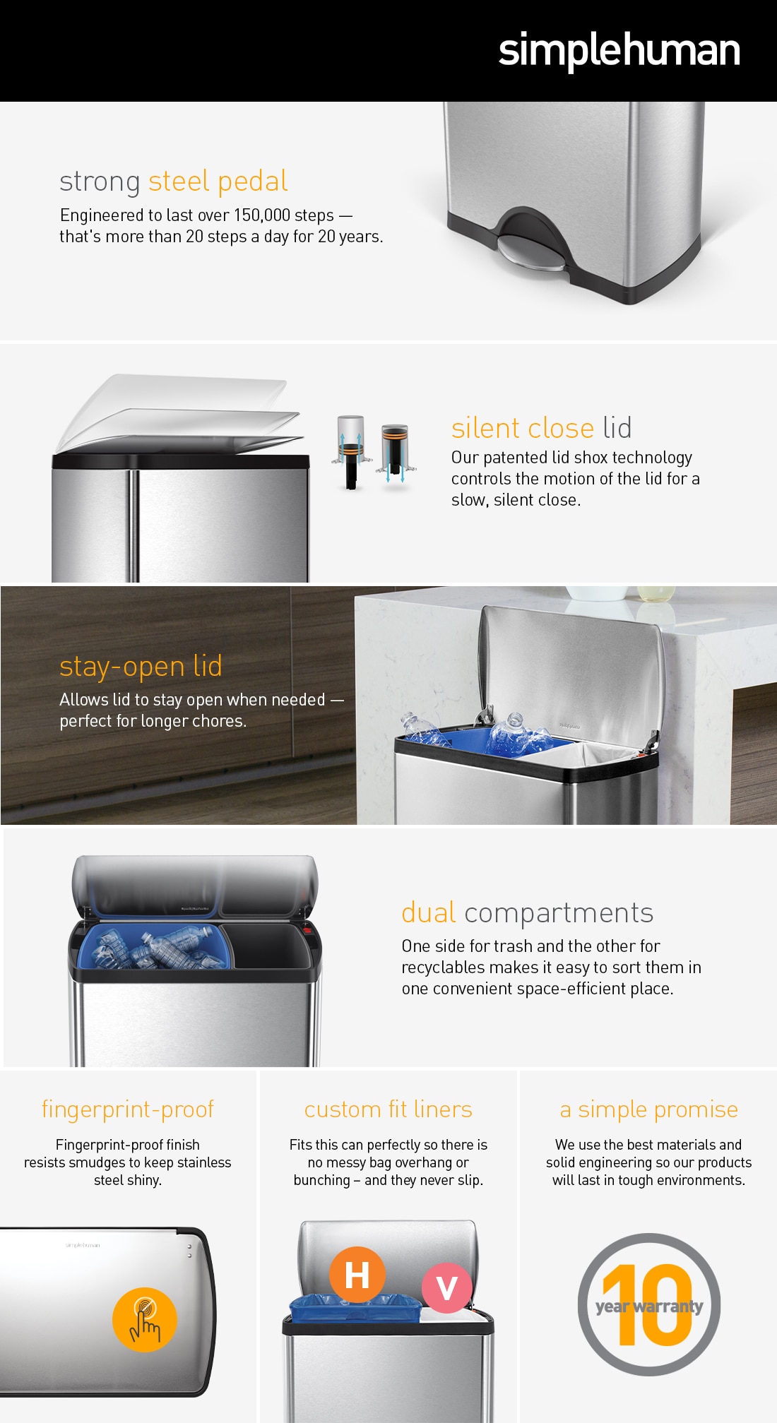 simplehuman 46L Rectangular Dual Compartment Step Kitchen Trash Can ...