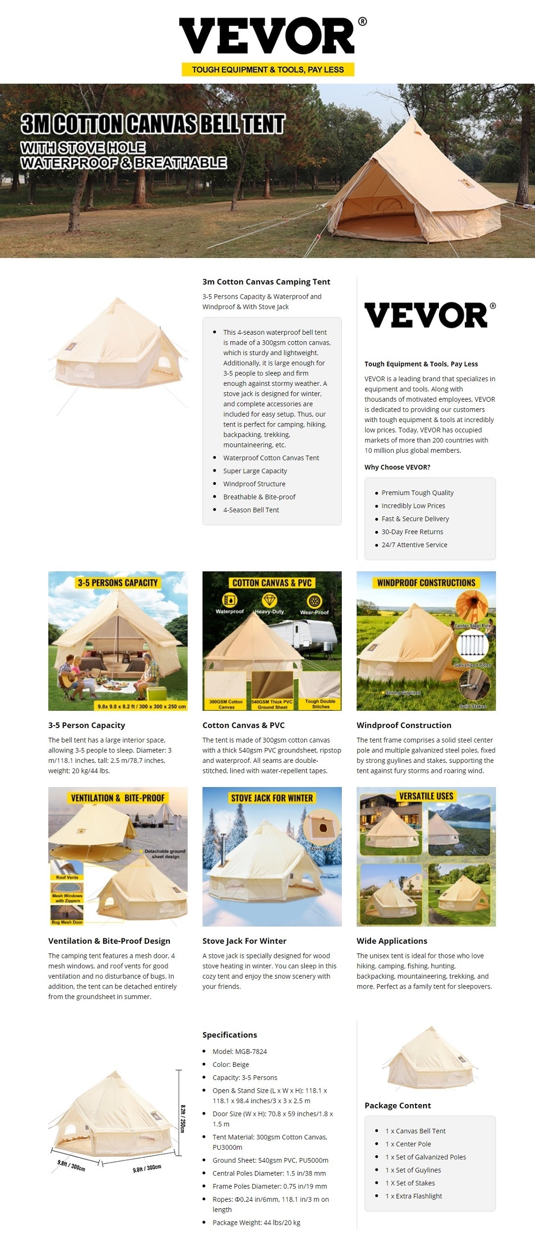 VEVOR 10 ft. x 12 ft. 6 to 8-People Canvas Wall Tent Wall Tent with PVC ...