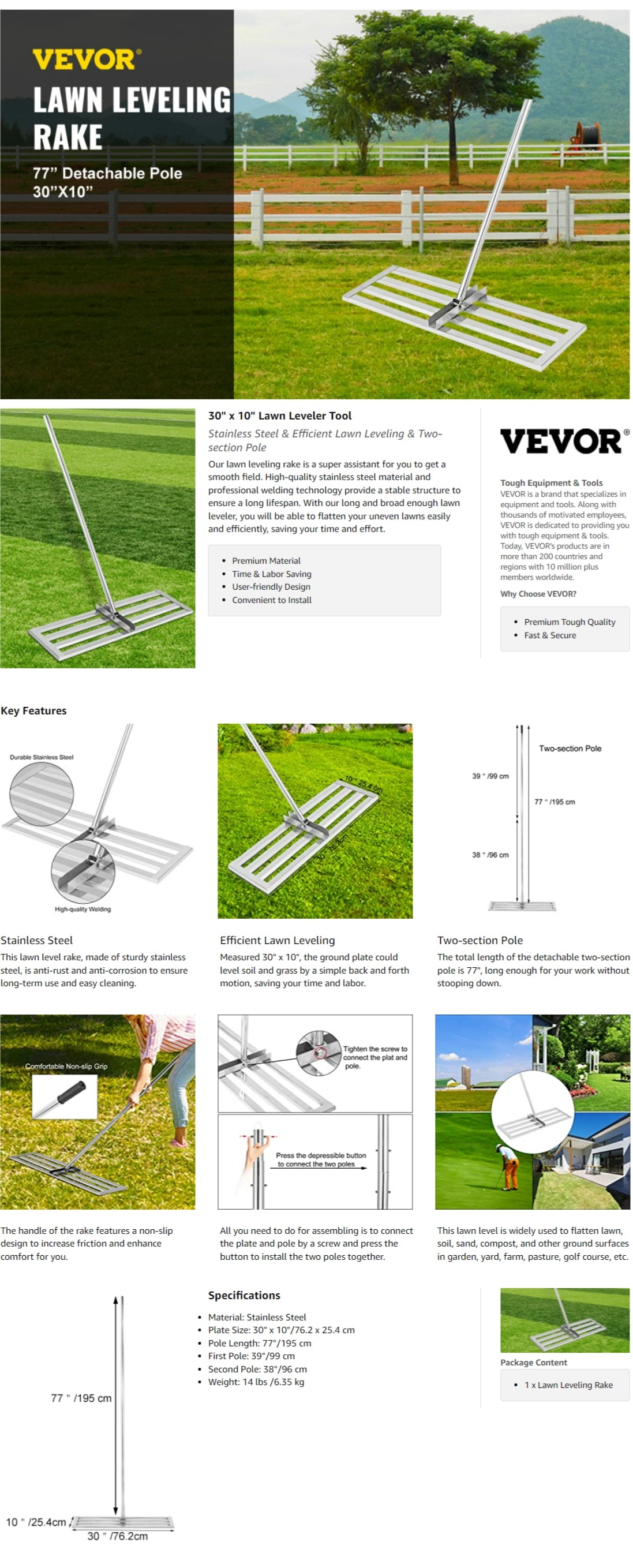 VEVOR Drag Harrow 30 in. x 10 in. Lawn Leveler Tool Lawn Leveling Rake ...