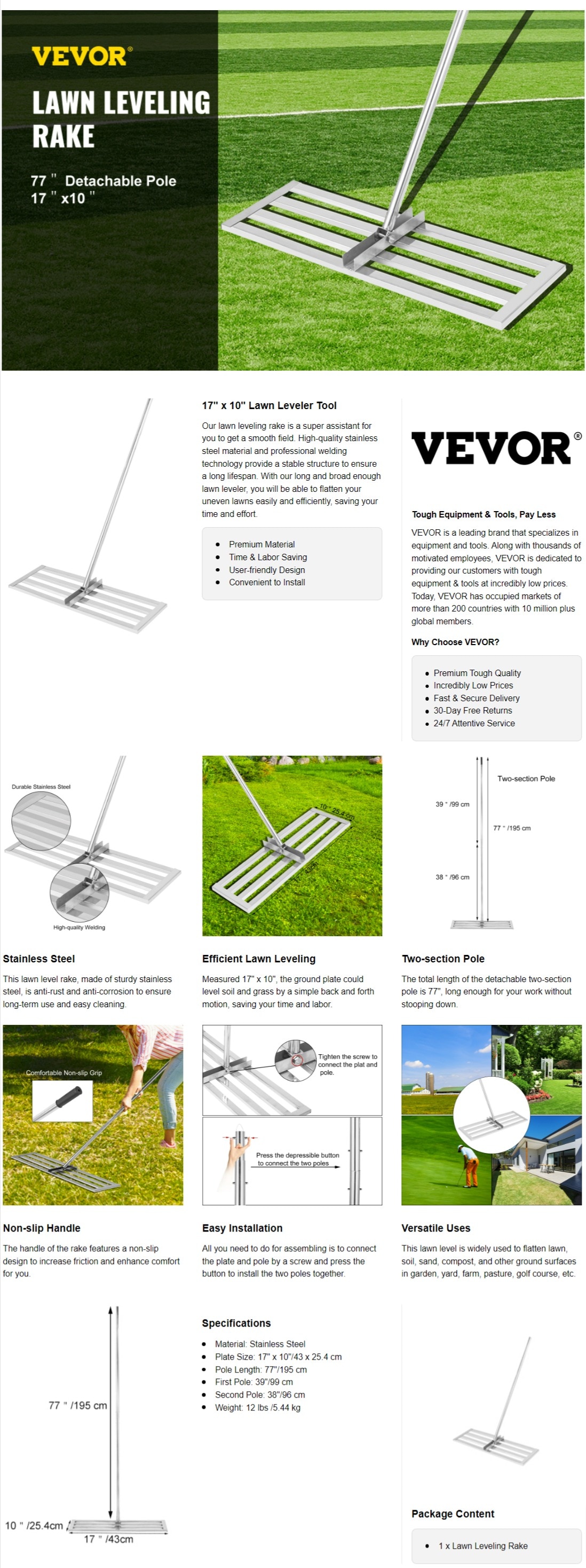 VEVOR Lawn Leveler Tool 17 in. x 10 in. Lawn Leveling Rake with 77 in ...