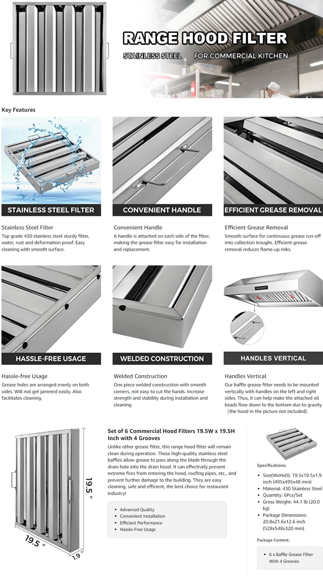 VEVOR 6 Packs Hood Filters 19.5 in. W x 19.5 in. H 430 Stainless Steel ...