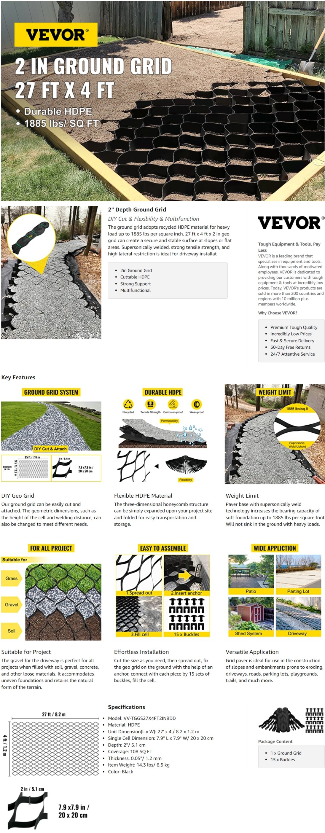 VEVOR Ground Grid 1885 lb. per sq. ft. Load Weed Barrier 2 in. Depth ...
