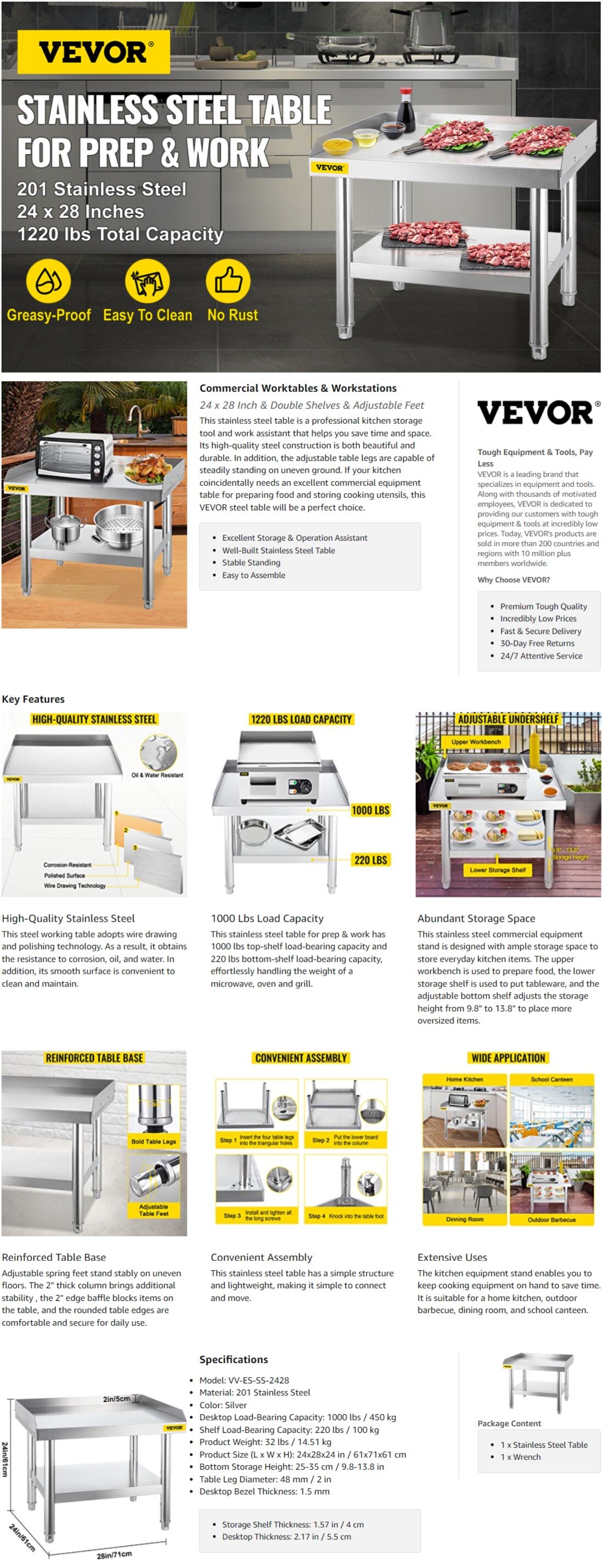 VEVOR Kitchen Prep Table Equipment Stand Grill Table 24 x 28 x 26 in ...