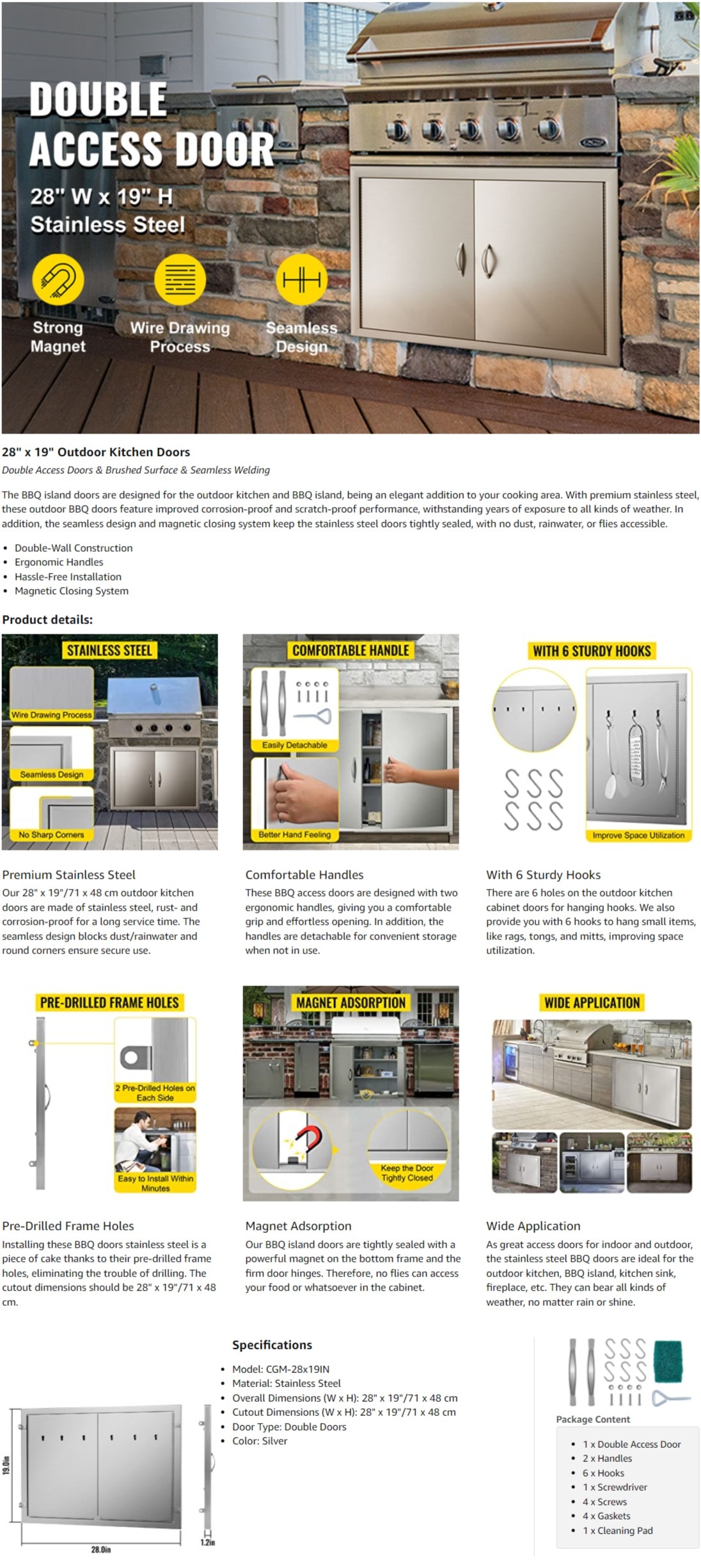 VEVOR BBQ Access Door 28 in. W X 19 in. H Double BBQ Door Stainless ...
