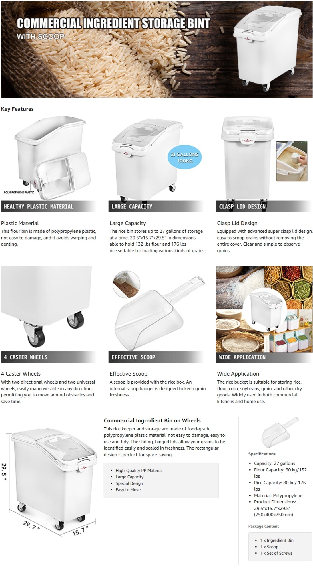 VEVOR Rice Storage Container, 3.5 Gal./15 L x 2 + 4.5 Gal./ 20 L x 2 ...