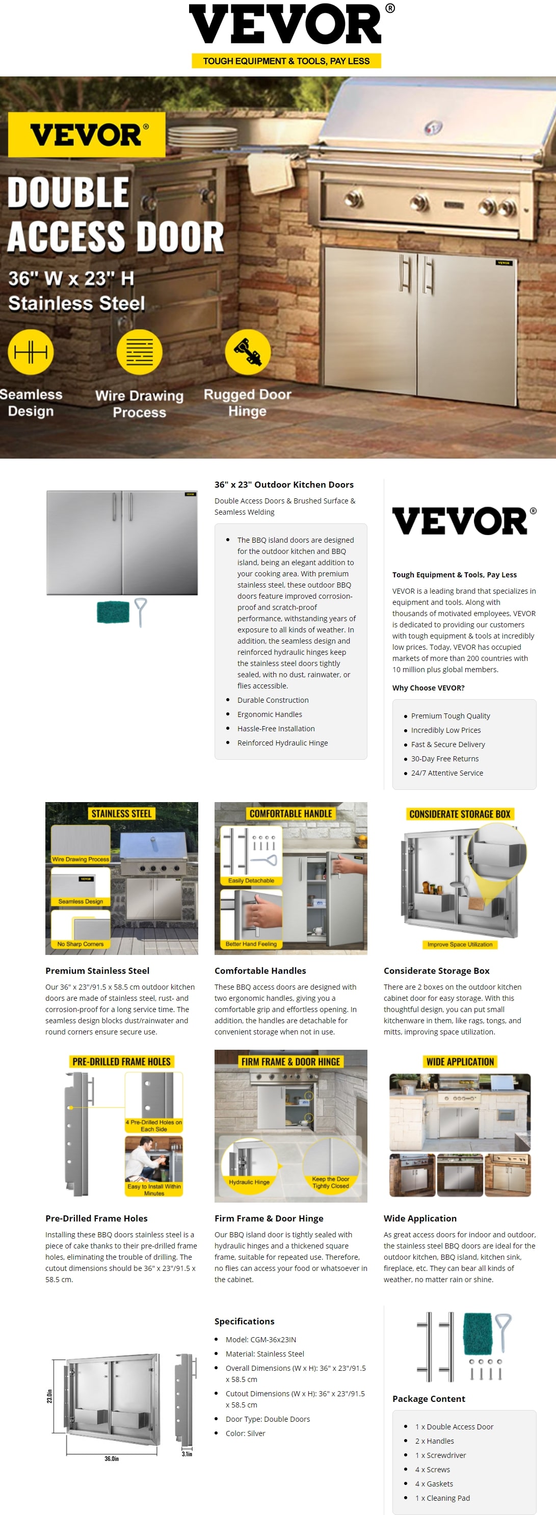 VEVOR Stainless BBQ Doors 36 in. W x 23 in. H Grill Doors Double Access ...